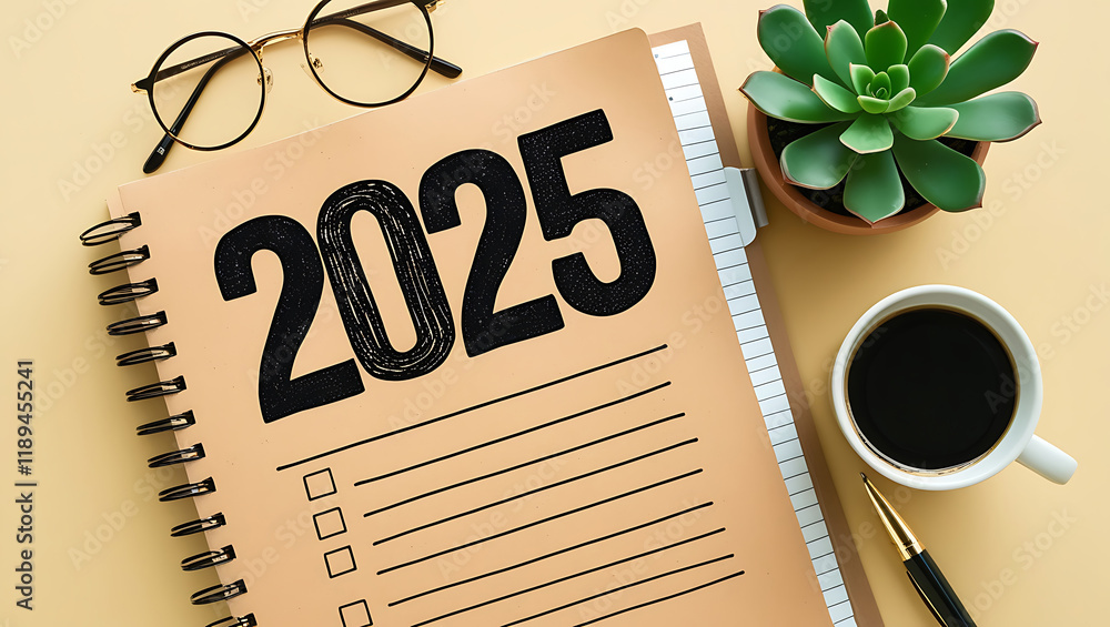 New year resolutions 2025 on desk. 2025 resolutions list with notebook ...