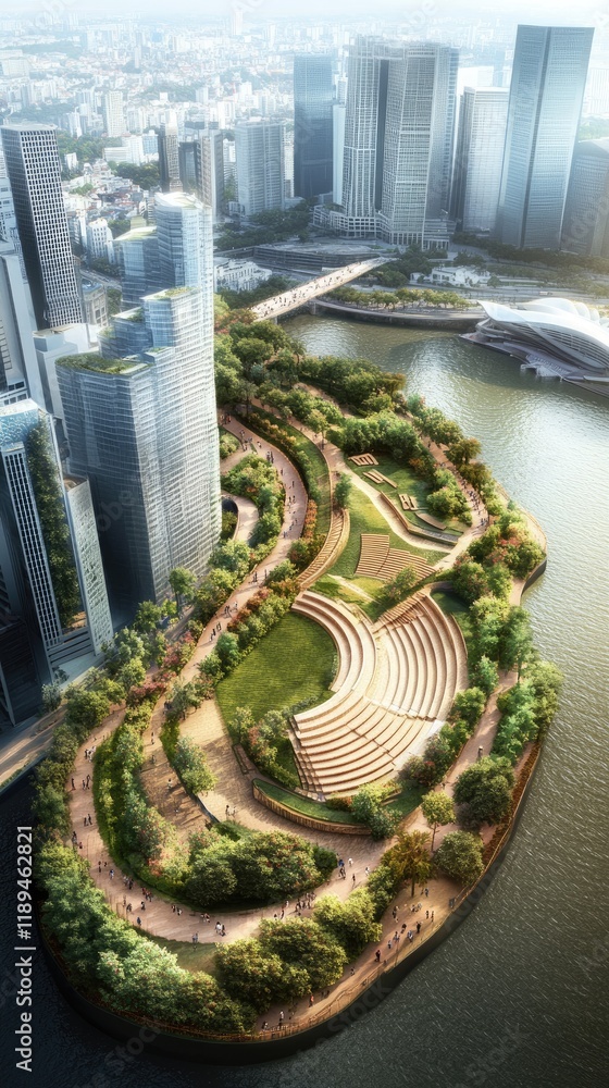 Urban park island design, amphitheater, city skyline backdrop ...