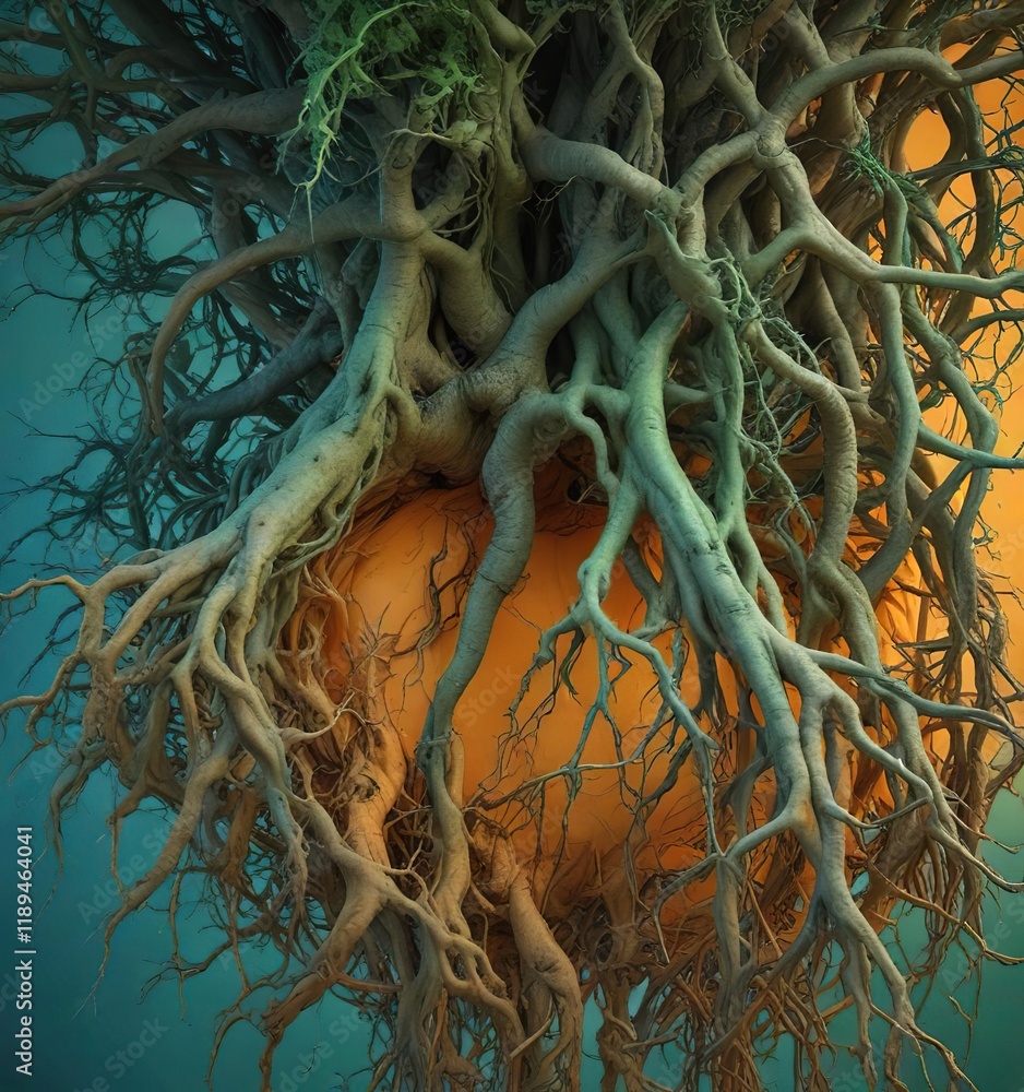 Blue-green coloration of roots blending into an abstract orange ...
