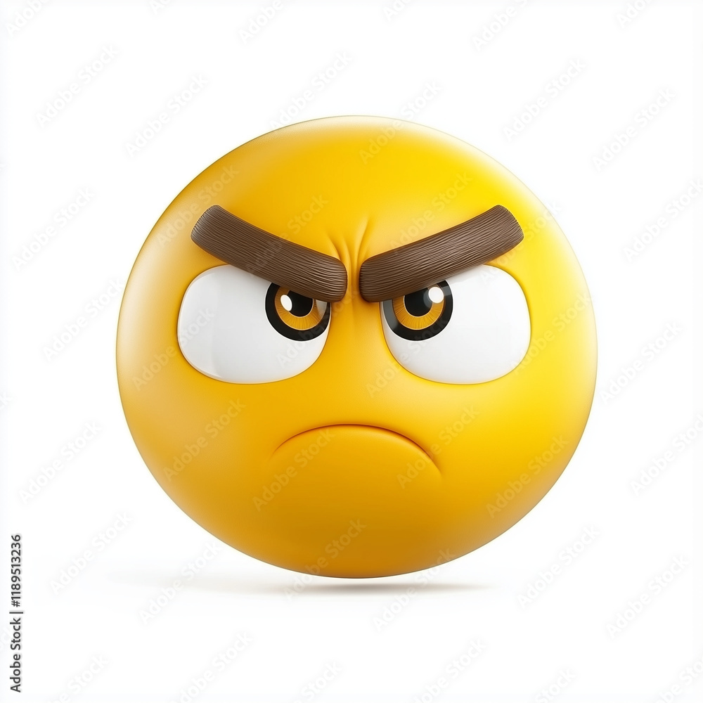 Frowning yellow emoji with thick brown eyebrows and angry expression ...