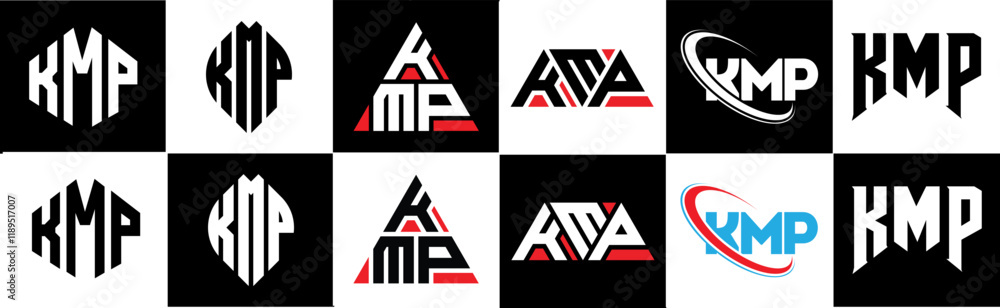 KMP letter logo design in six style. KMP polygon, circle, triangle ...
