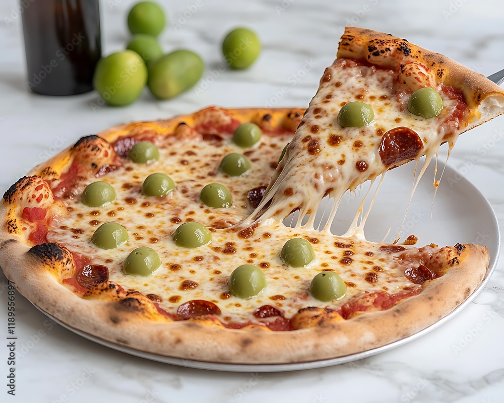 Delicious cheese pizza with olives and pepperoni, a slice being lifted ...