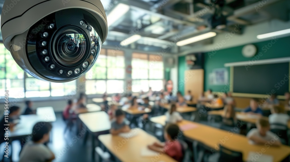 A close-up of an indoor security camera mounted on the ceiling ...