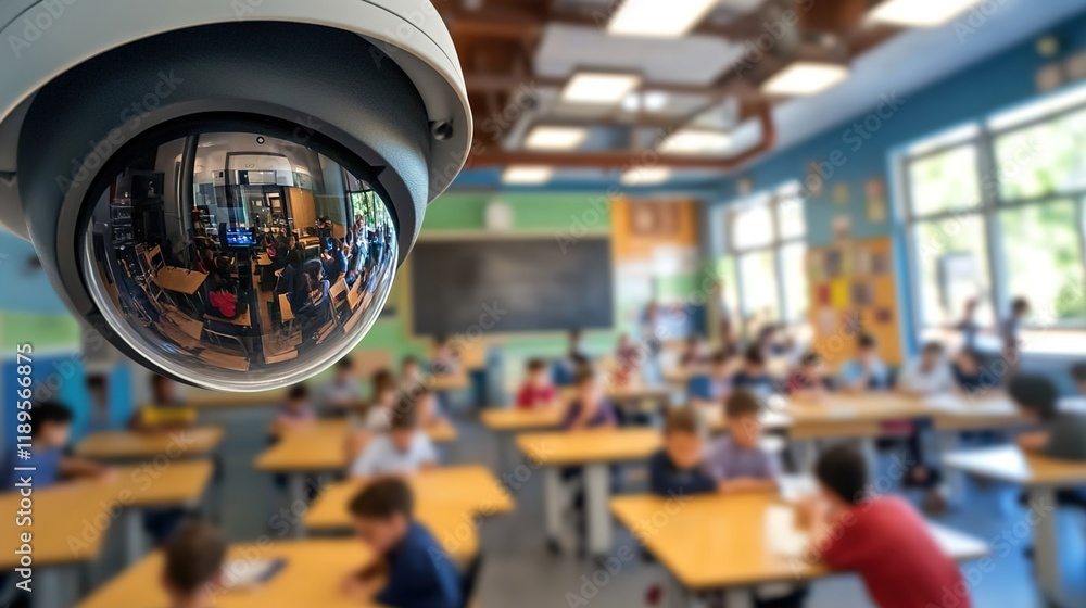 A close-up of an indoor security camera mounted on the ceiling ...