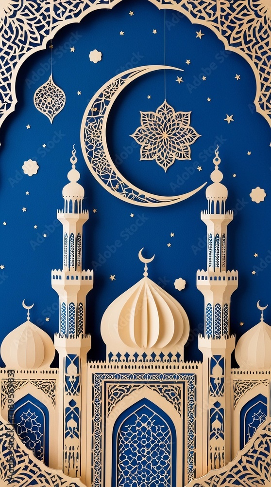 Islamic architecture, starry night sky, blue and gold color scheme ...