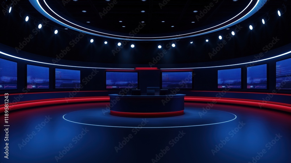 Modern virtual studio background. Circular news studio with glowing red ...