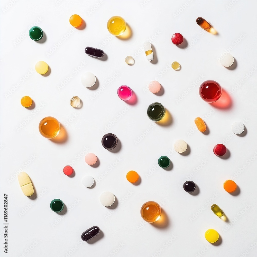 Colorful assortment of pills and capsules with various shapes and sizes ...