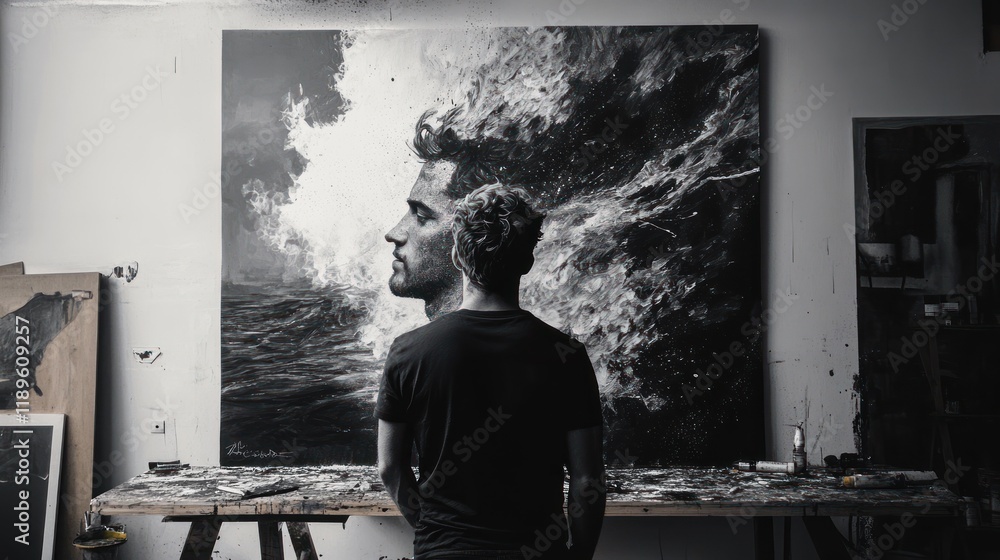 Man admiring large-scale monochromatic painting of a face merging with ...