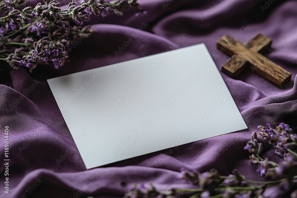 Christian religious wooden cross with a violet ribbon on a purple ...