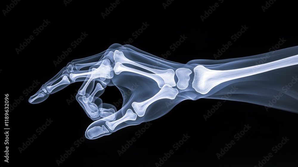 X-ray image of human hand. Bones, joints clearly visible. Medical ...
