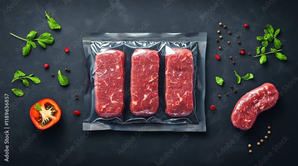Meat packaging set featuring top-view butchery products, including ...