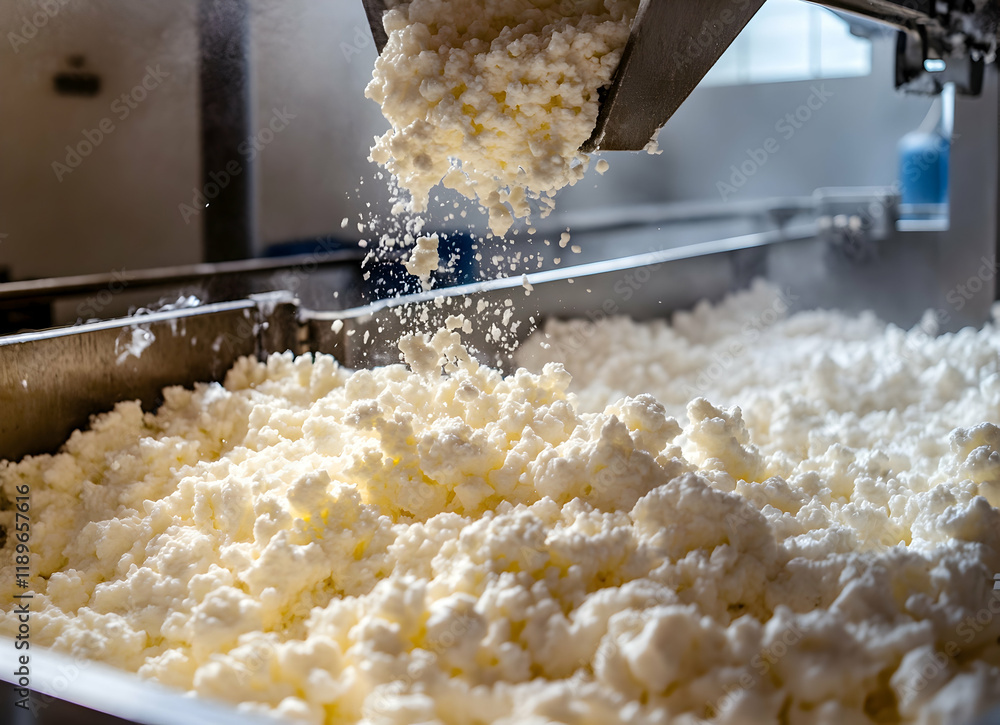 Cottage Cheese Production: A Close-Up View of Creamy Curds Being ...