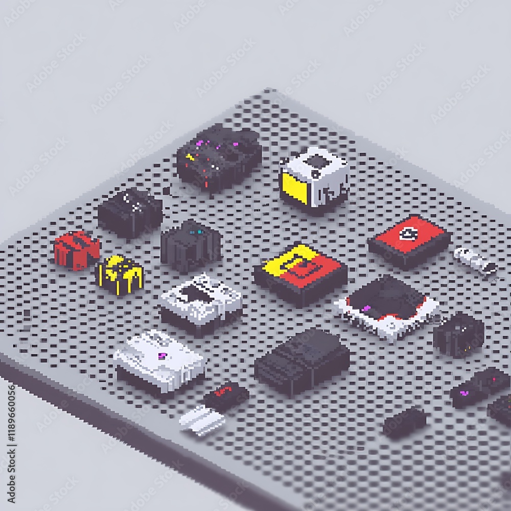 Pixel art depicting various retro video game consoles on a grid. Stock ...