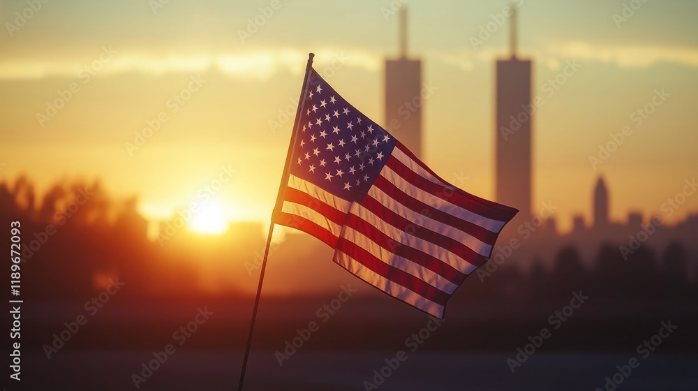 American flag waves gently at sunrise reflecting 911 tribute ...