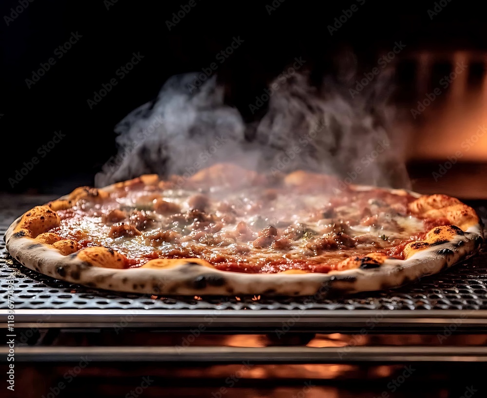 Steaming hot pizza on a metal rack in an oven. Stock Photo | Adobe Stock