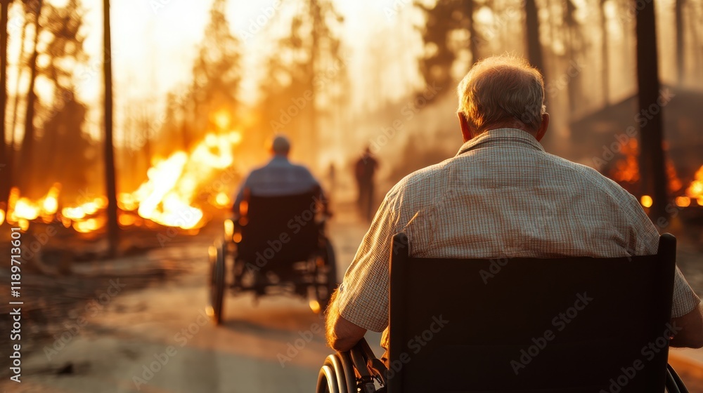 Elderly residents evacuated during a wildfire escape to safety Stock ...