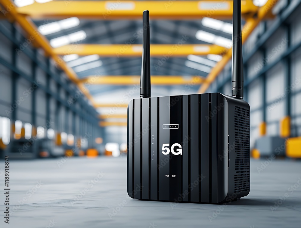 5G router in an industrial smart factory environment showcasing wireless connectivity, advanced ...