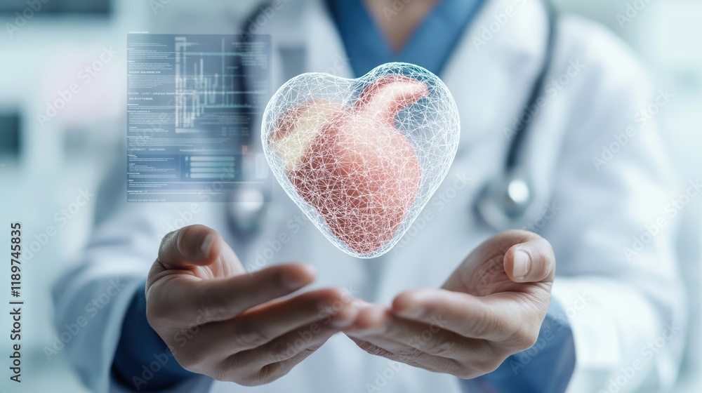 Cardiologist examines 3D heart hologram. Surgical planning in progress ...
