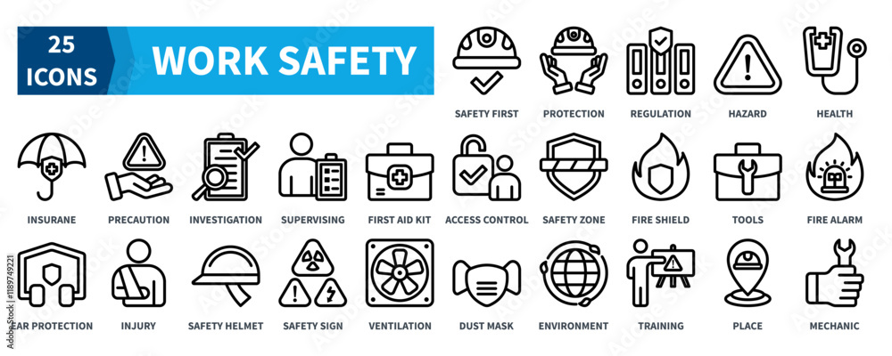 WORK SAFETY icon collection set. Containing safety first, protection ...