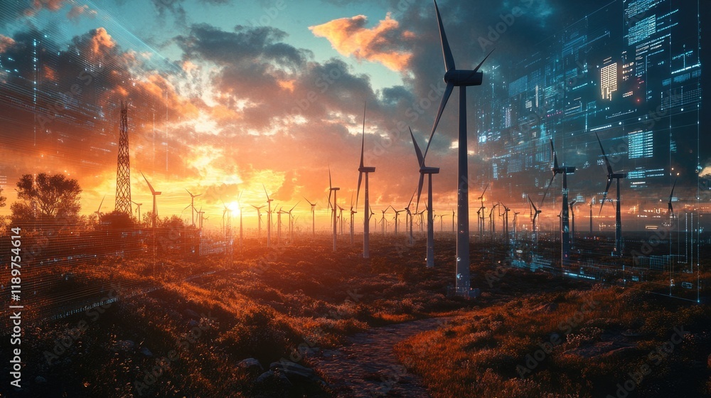 wind turbines at wind power plant with monitoring Scada system on ...