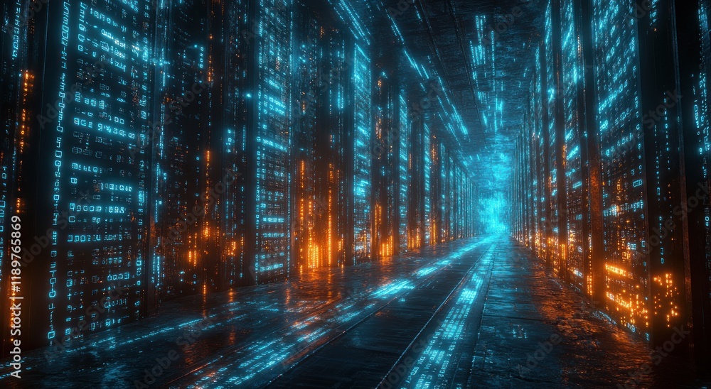 Futuristic Data Center with Server Racks and Binary Codes in Cyberpunk ...
