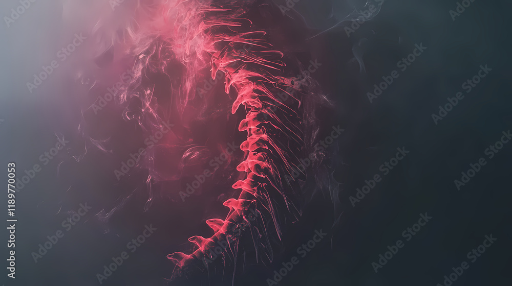 Minimalistic illustration of a spine with a glowing red area ...