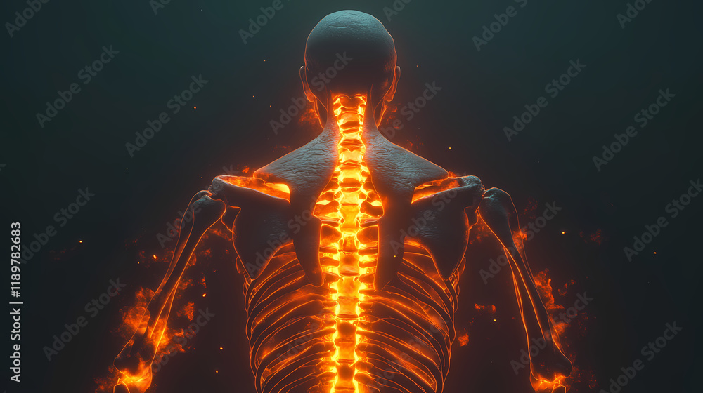 3d skeleton view with the entire spine and surrounding muscles glowing in orange, representing ...