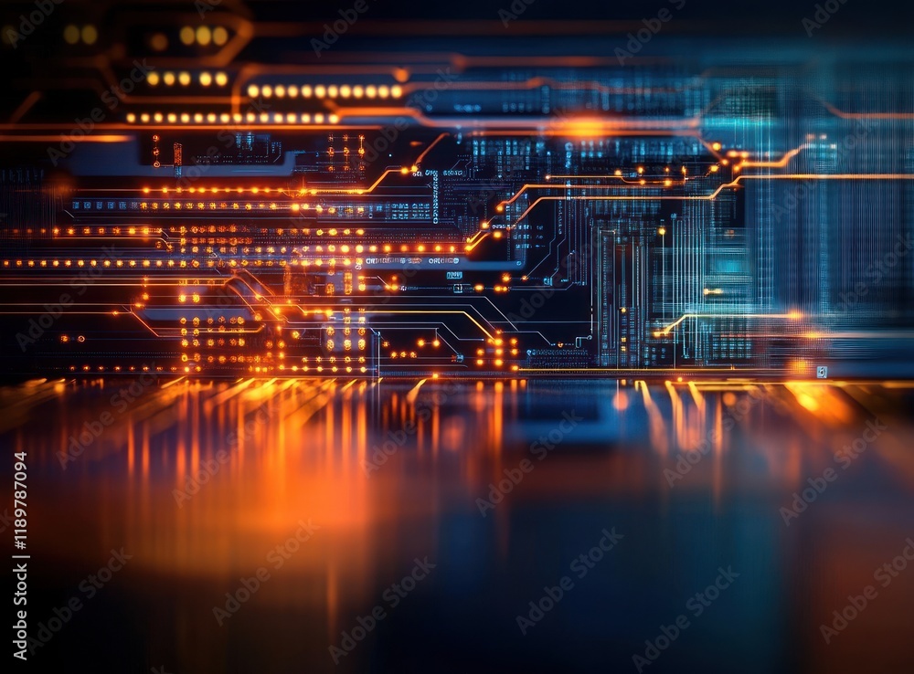 Digital Abstract Technology Background of Programming Code and Circuit Board Elements with Neon ...