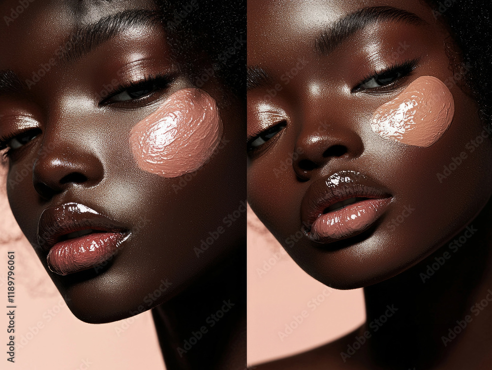 photograph features model displaying her skin before and after applying ...