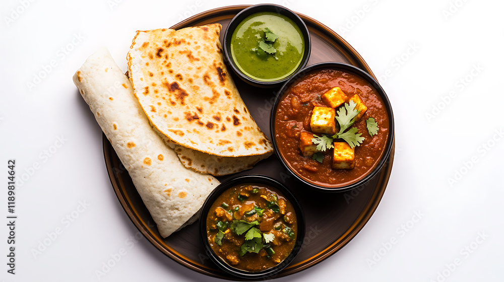 Freshly cooked dosa and paneer curry served with chutney bowls, styled ...