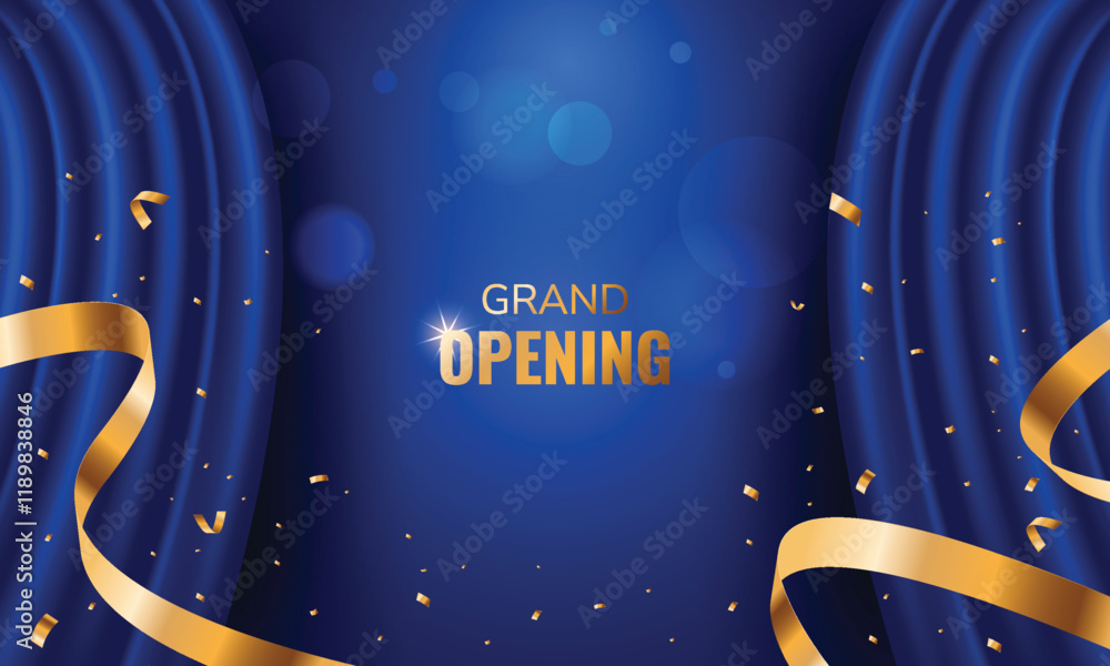 Blue grand opening background with ribbon and curtain. Modern elegant ...