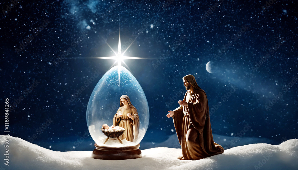 birth of jesus christ abstract as snow globe and glass dome with the ...