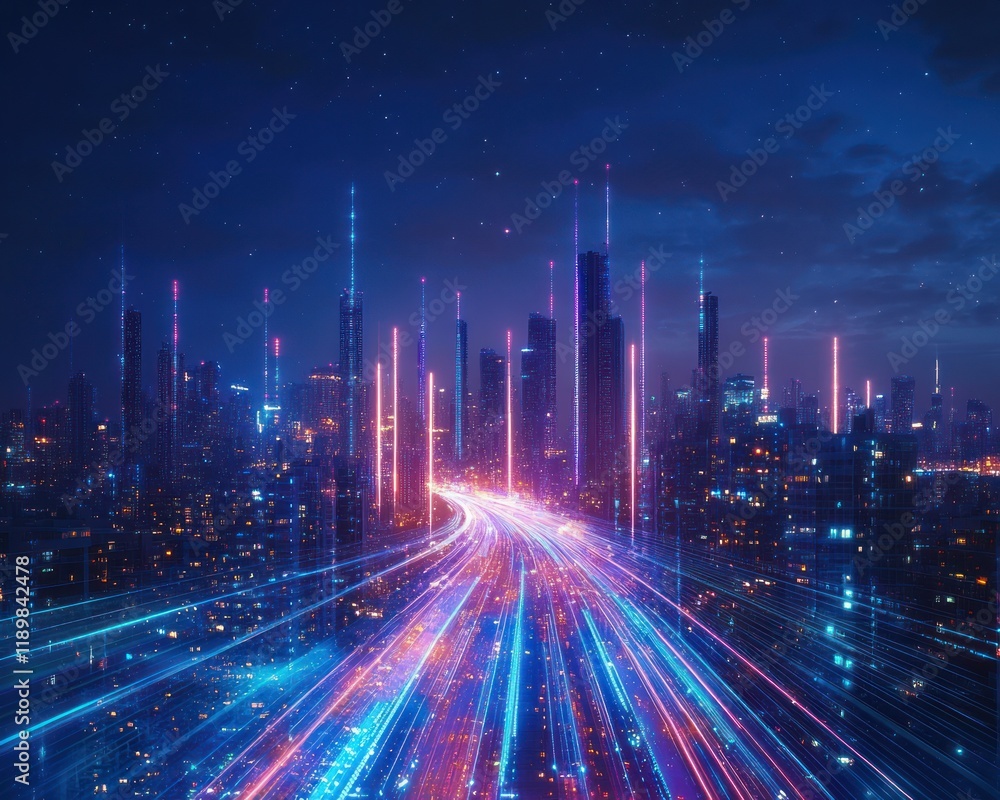 Futuristic Neon City Skyline at Night with Light Trails and Symmetrical ...