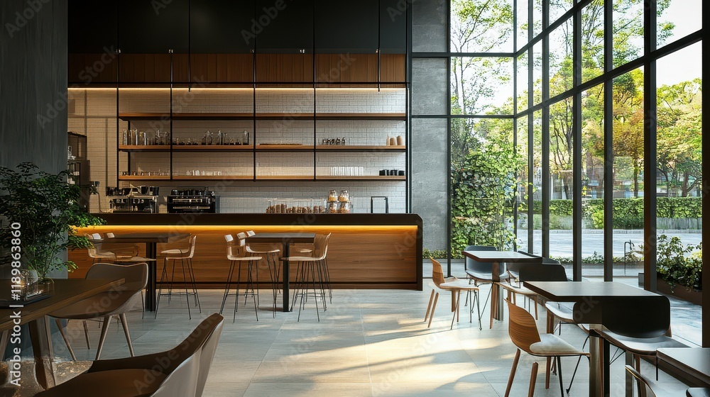 Stylish cafeteria interior featuring a sleek bar counter and organized ...