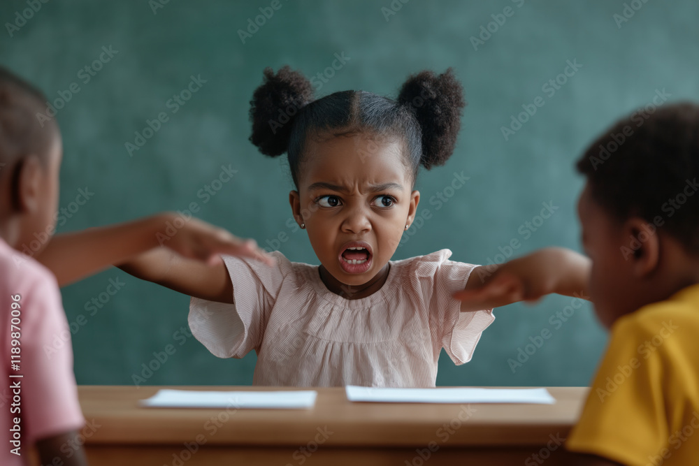 Upset young girl with pigtails expressing frustration during a ...