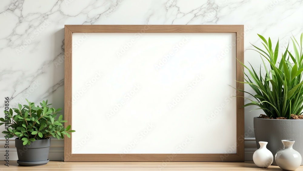 A clean marble texture background offers a blank wooden signage board ...