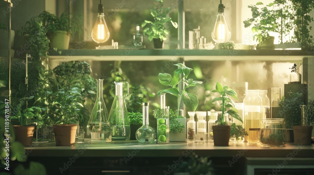 Botanical laboratory with plants and glassware. Sunlight streams ...