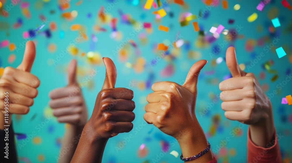 Dynamic composition of diverse hands raised in triumphant thumbs up ...