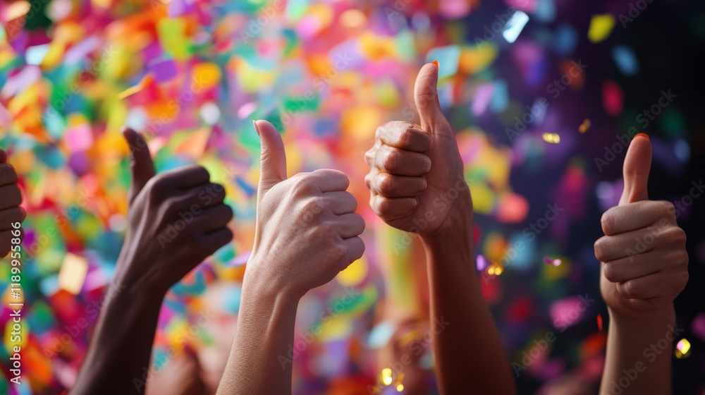Dynamic composition of diverse hands raised in triumphant thumbs up ...
