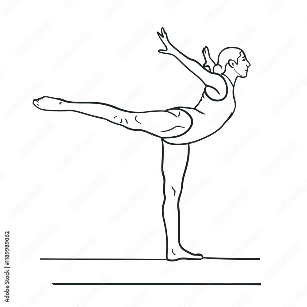 Gymnast on balance beam balancing on one leg. Drawing with line art ...