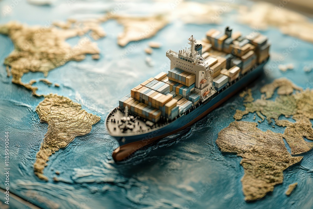 model of a container ship navigating a world map symbolizing ...
