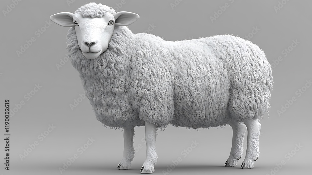 Fluffy sheep 3D model, studio, gray background, rendering. Stock ...