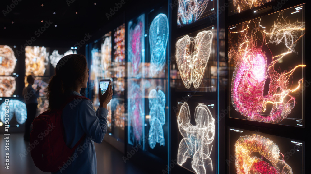 Exploring digital exhibition, girl observes vibrant anatomical displays ...