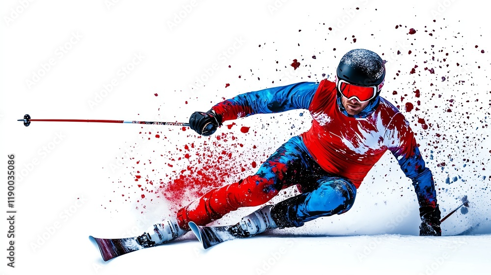 A skier racing downhill, intense speed, sharp turn with snow flying ...