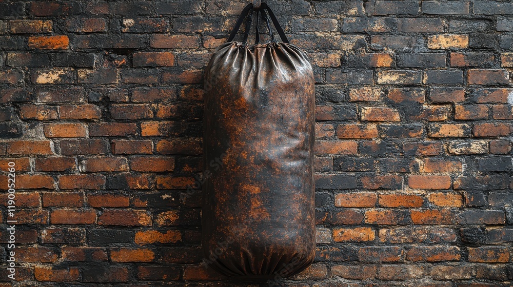 black punching bag with a blank space and a gritty brick wall ...