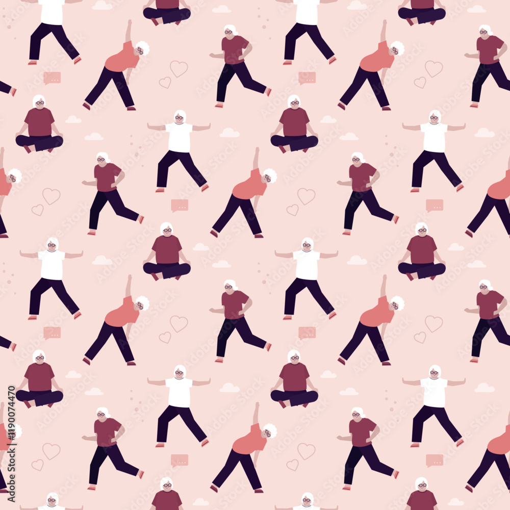 Seamless pattern with sporty granny does Yoga poses. Texture background ...