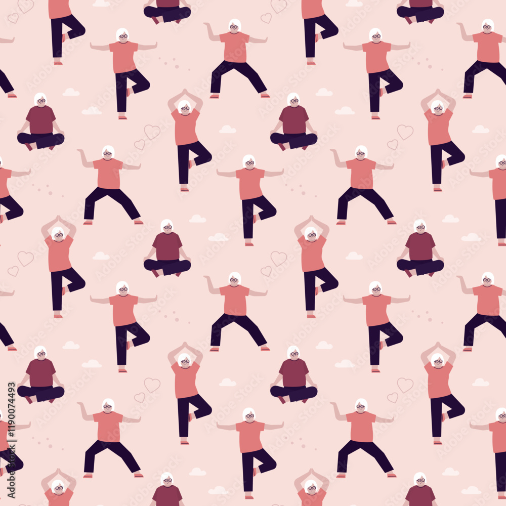 Seamless pattern with sporty granny does Yoga poses. Texture background ...