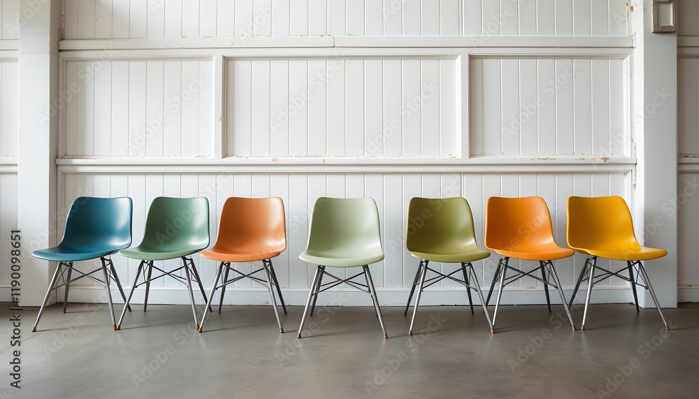 Colorful mid-century modern chairs, row of retro seating, vibrant ...