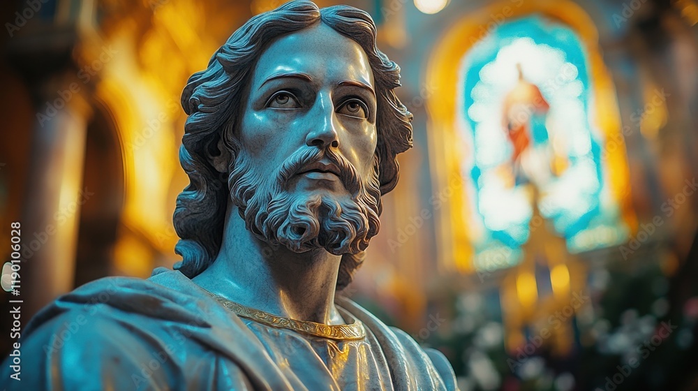 jesus christ statue of jesus in a church stained glass in background ...