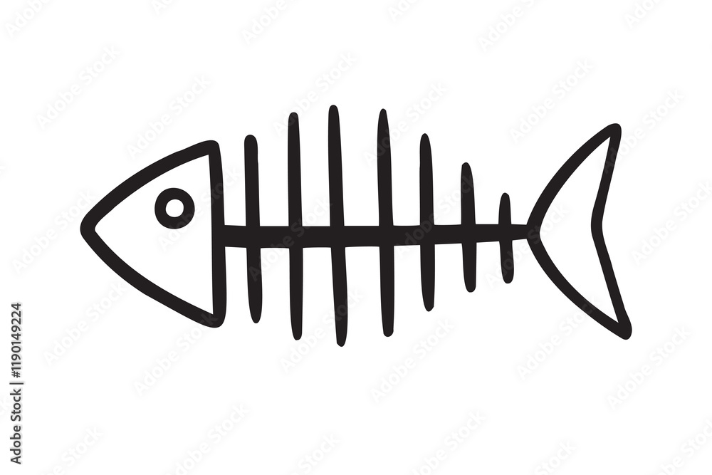 Fish skeleton bones silhouette doodle hand drawn icon. Outline drawing ...